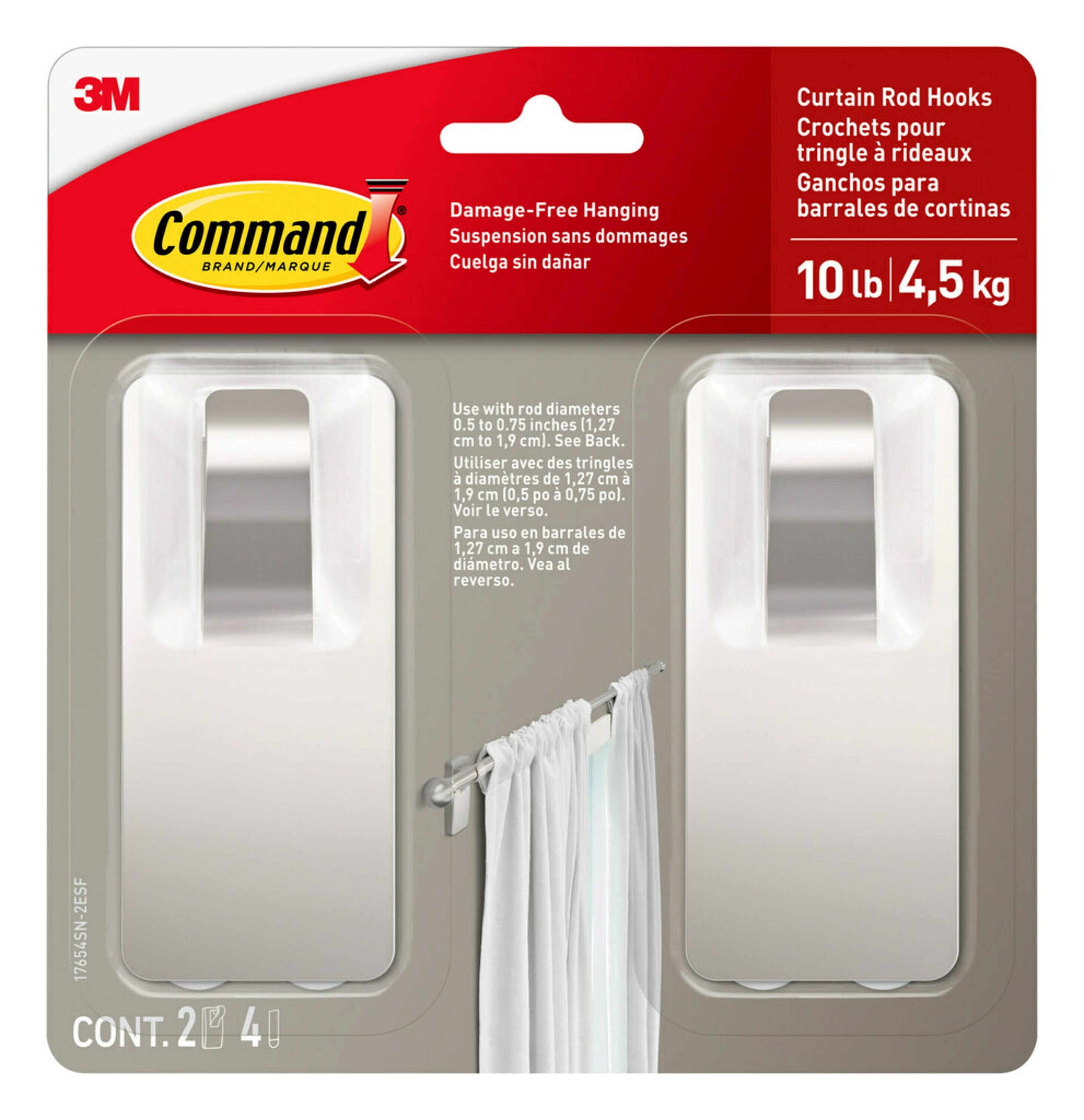 Command Satin Nickel Curtain Rod Hooks, 2 Hooks, 4 Adhesive Strips ...