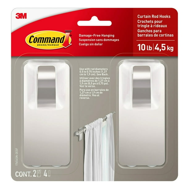Command Satin Nickel Curtain Rod Hooks, 2 Hooks, 4 Adhesive Strips ...