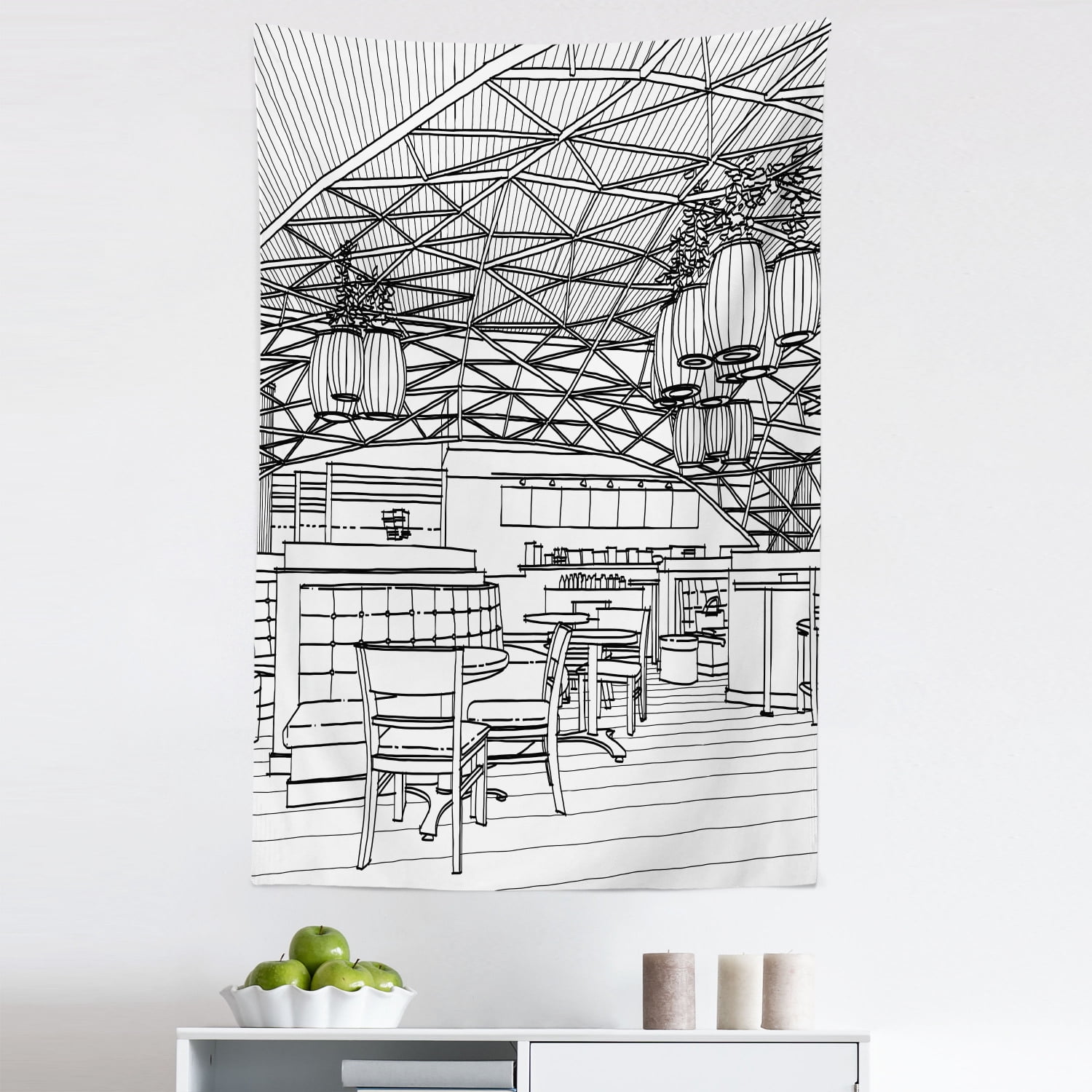 Modern Tapestry, Restaurant Cafe Bar Themed Outline Detailed Sketch ...