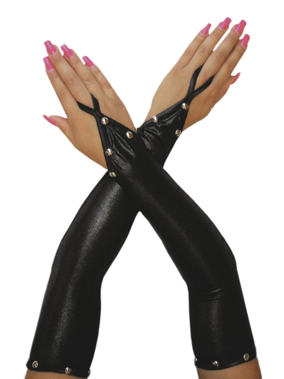 SummitFashions - Gloves Fingerless Gauntlet Style Black Stretch Silver ...