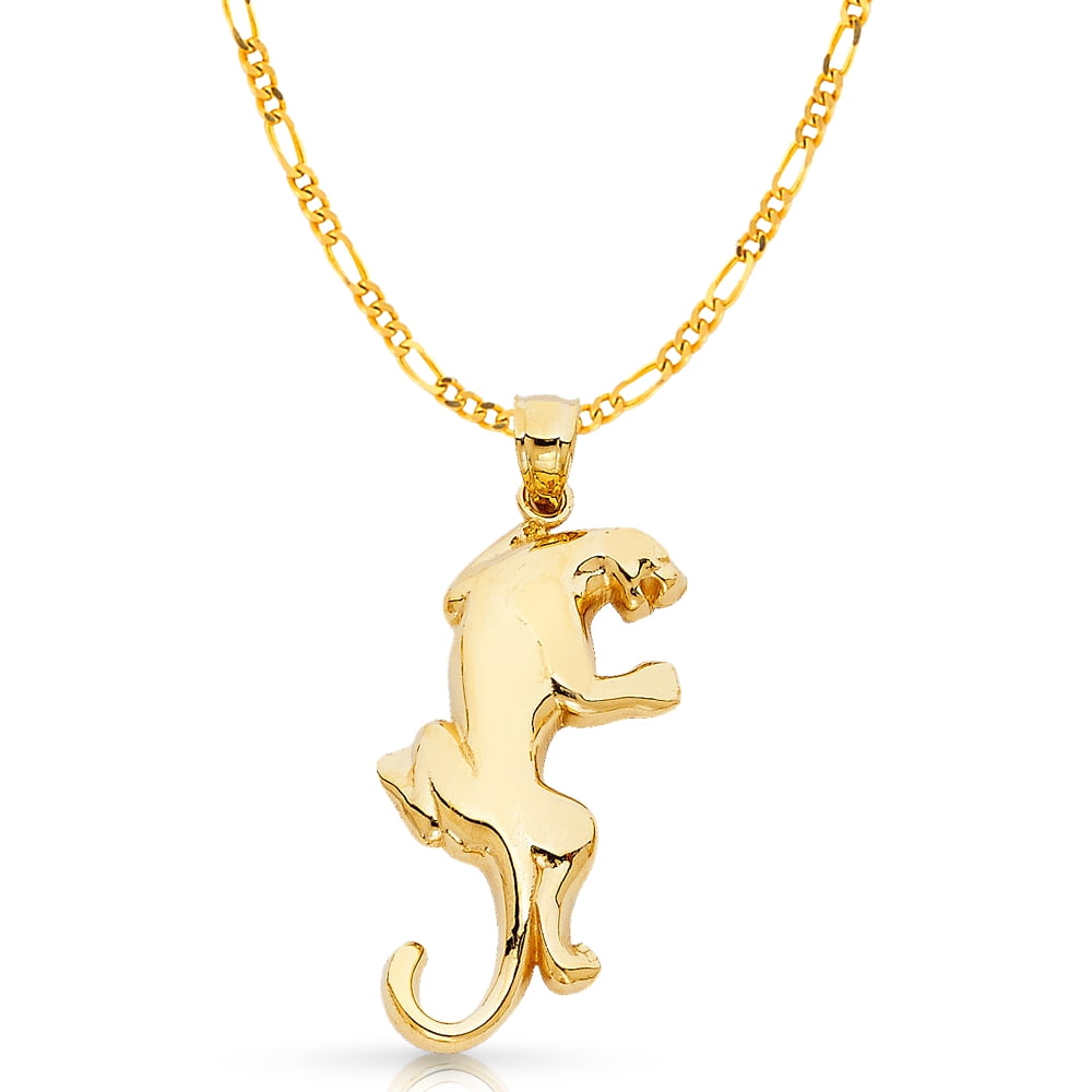 14K Yellow Gold Puma Charm Pendant with 3.1mm Figaro 3+1 Chain Necklace ...