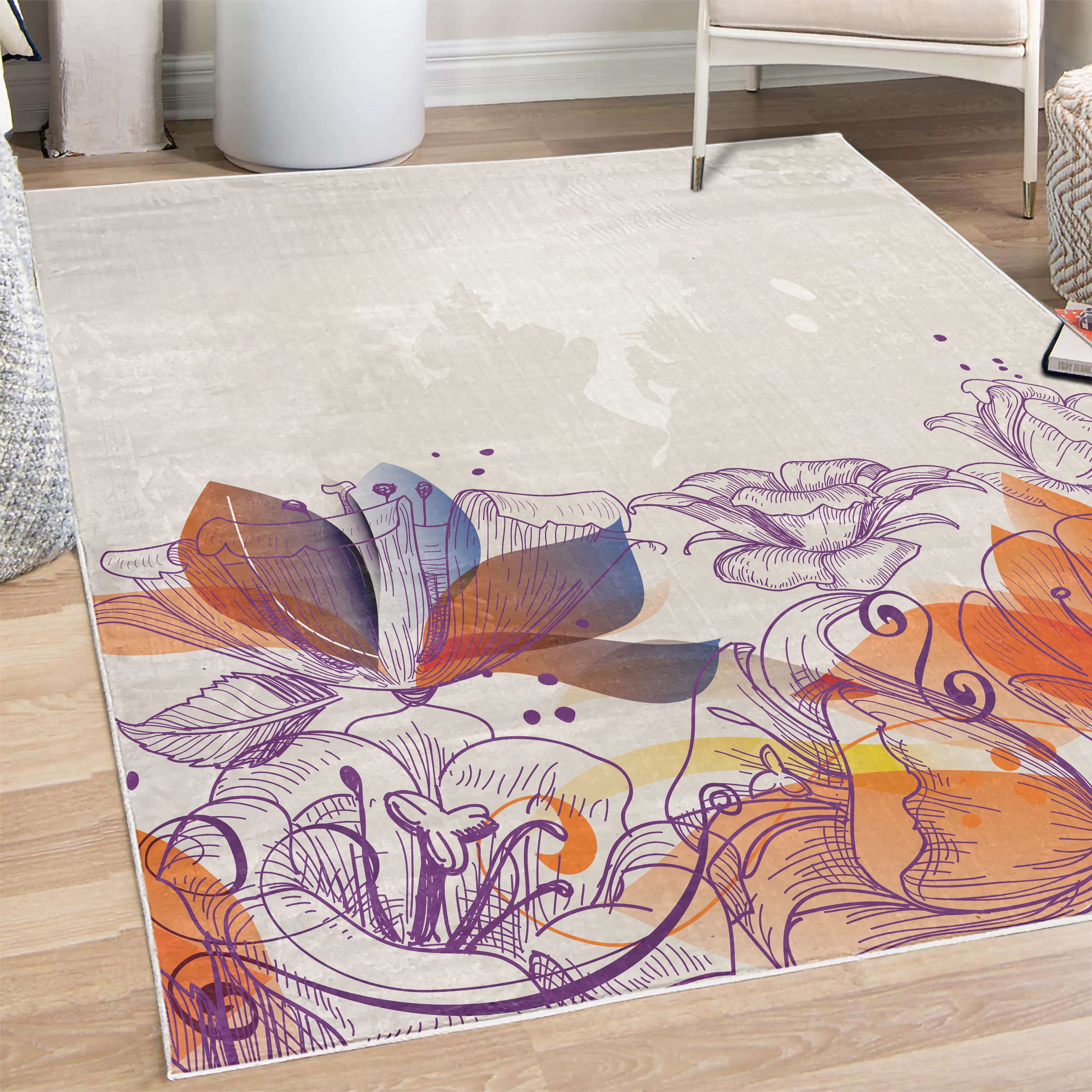 Flower Decorative Rug, Retro Floral Background Hibiscus Silhouettes ...