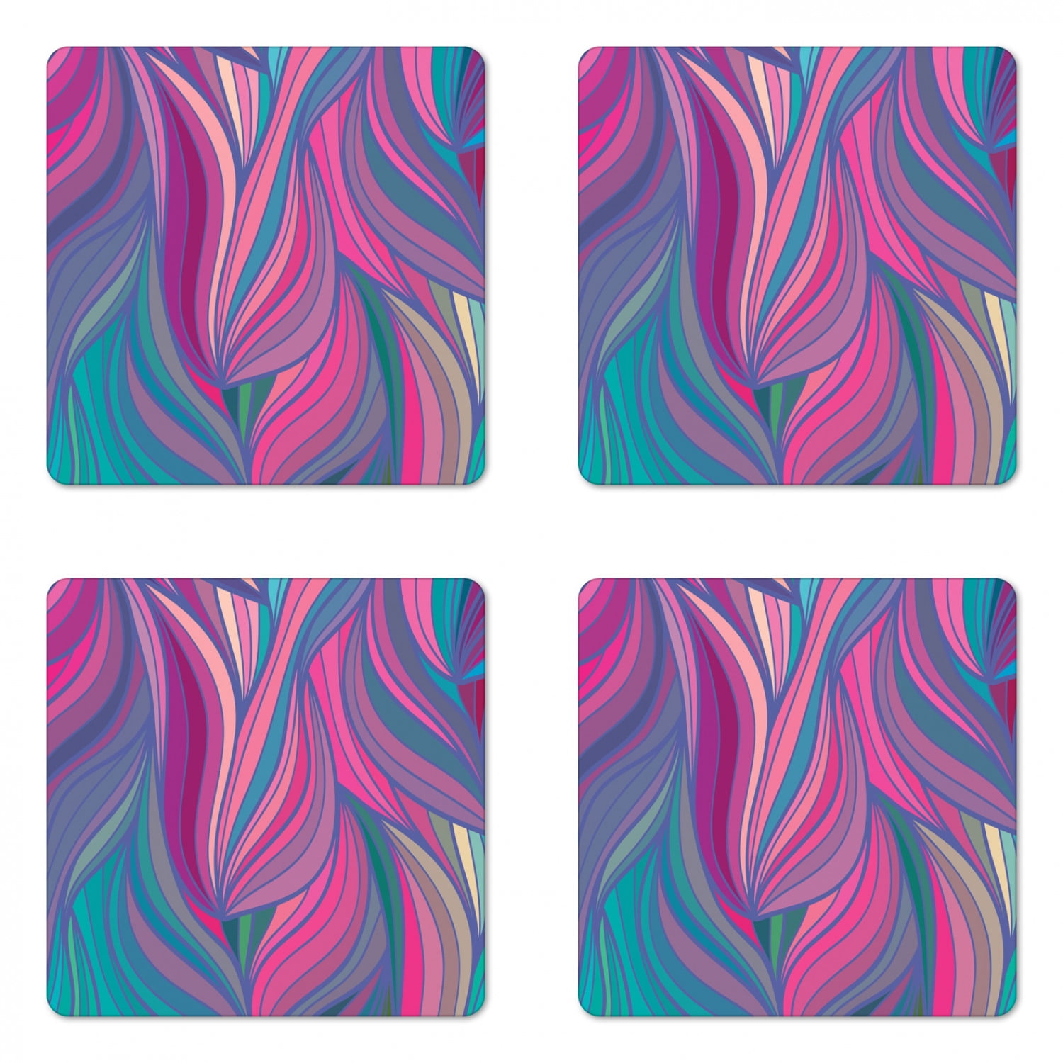Abstract Coaster Set of 4, Hand Drawn Curved Stripes Pattern Wavy ...