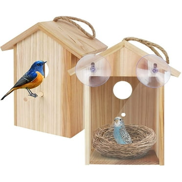 2 Way Mirrored Wooden Bird House, See Through, Suction Cup Window ...