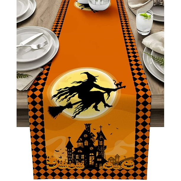 Dining Table Runner 72 inches Long Halloween Witch Castle Pumpkin Full ...