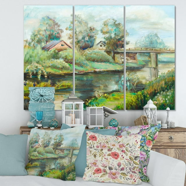 Designart Bridge On The River In Rustic Landscape Canvas Wall Art ...