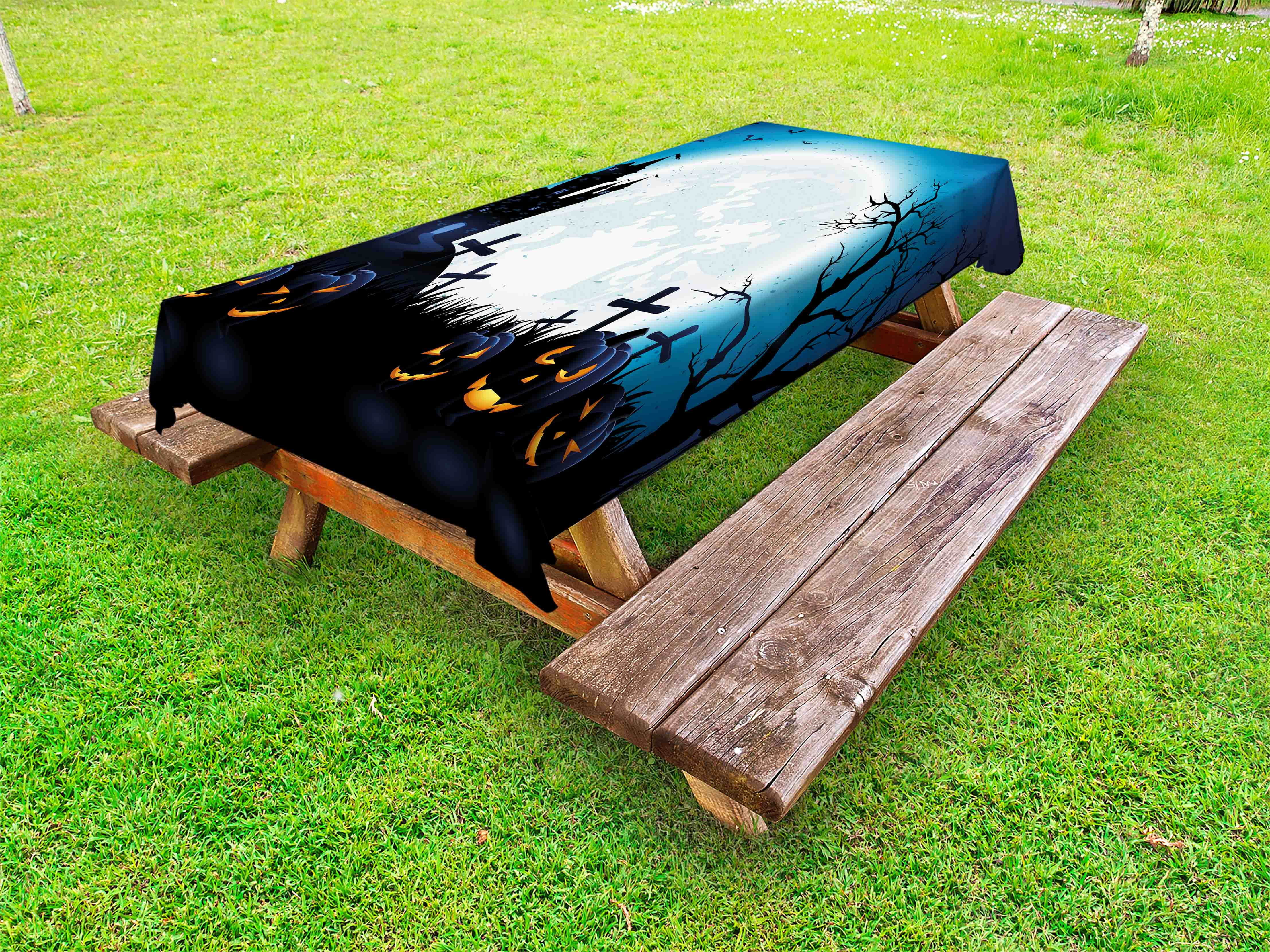 Halloween Outdoor Tablecloth, Spooky Concept with Scary Icons Old ...
