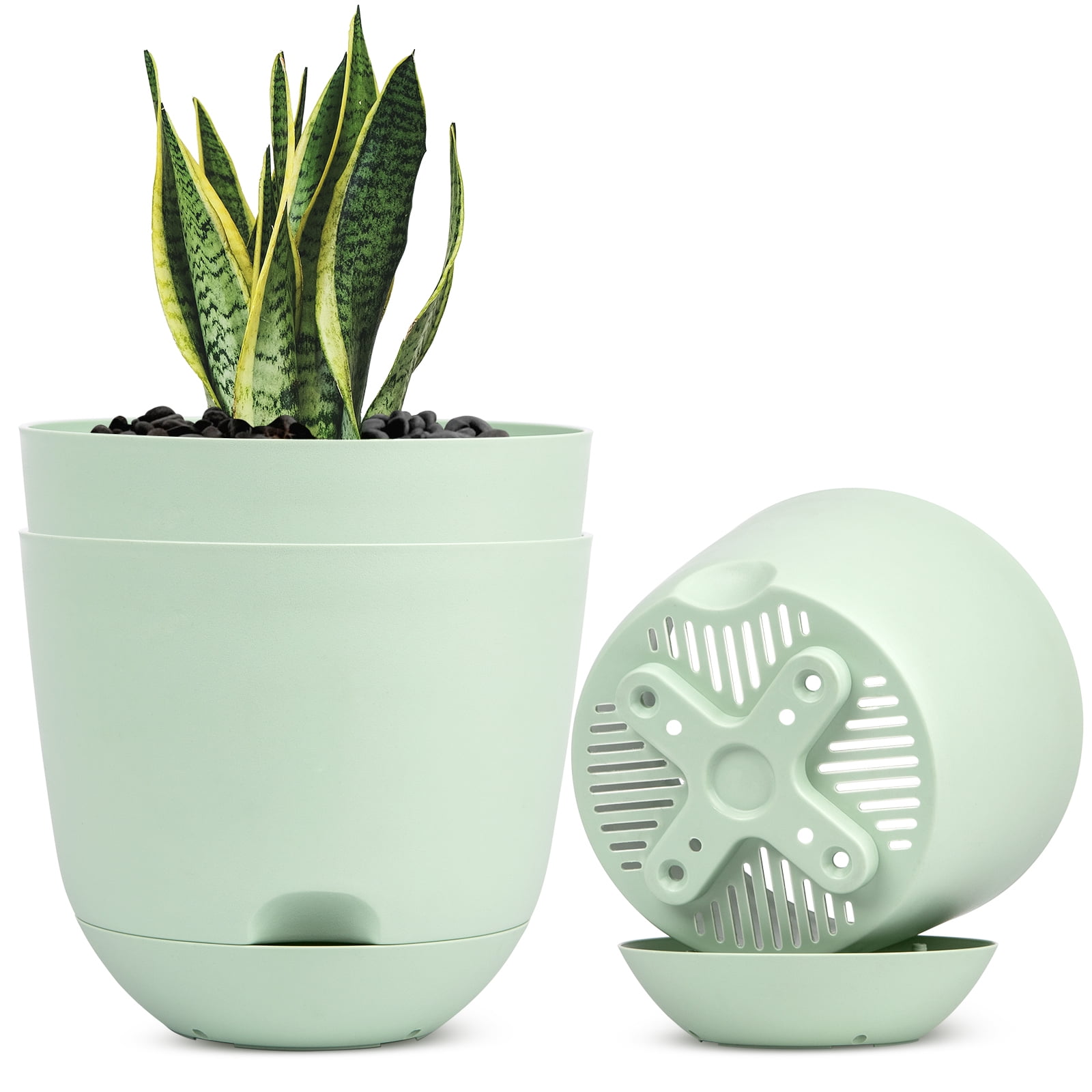 QCQHDU 3 Pack 10 in Green Self Watering Plastic Planters High Drainage ...