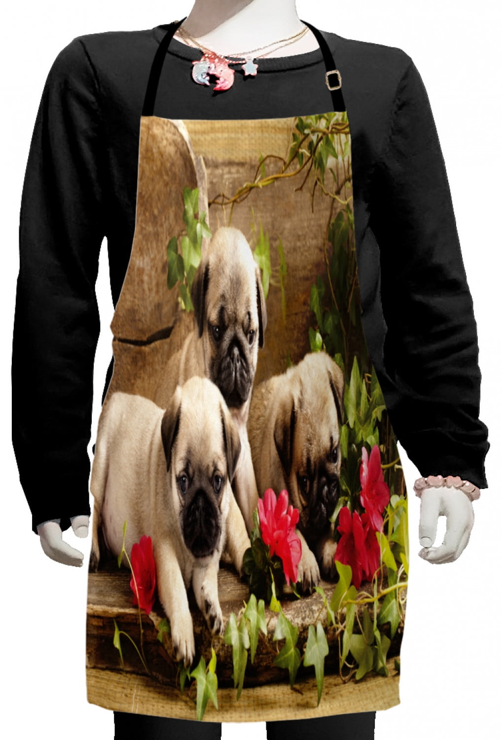 Pug Kids Apron, Sibling Puppies with Floral Arrangement in Front Wooden ...