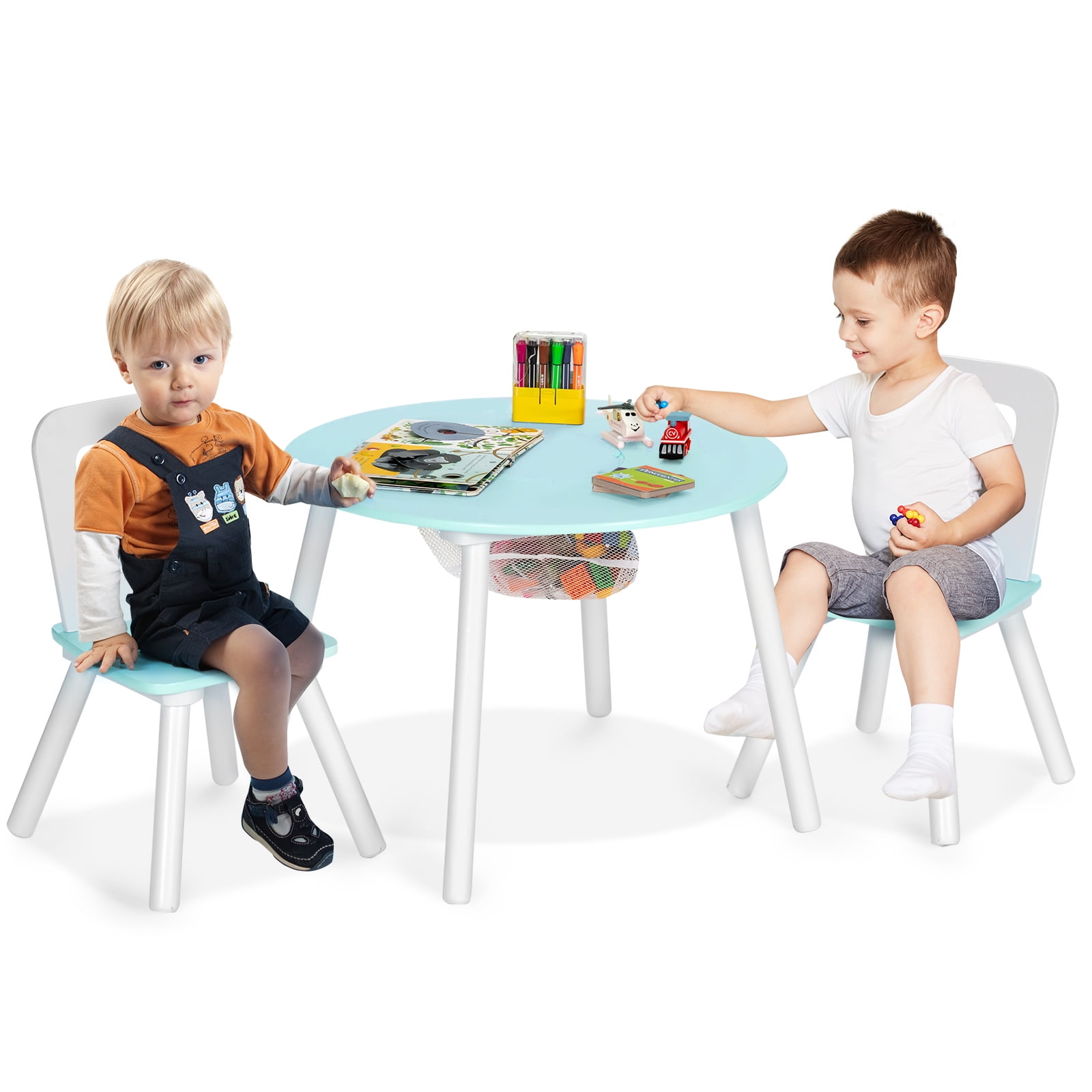 Infans Kids Wooden Round Table & 2 Chair Set w/ Center Mesh Storage ...