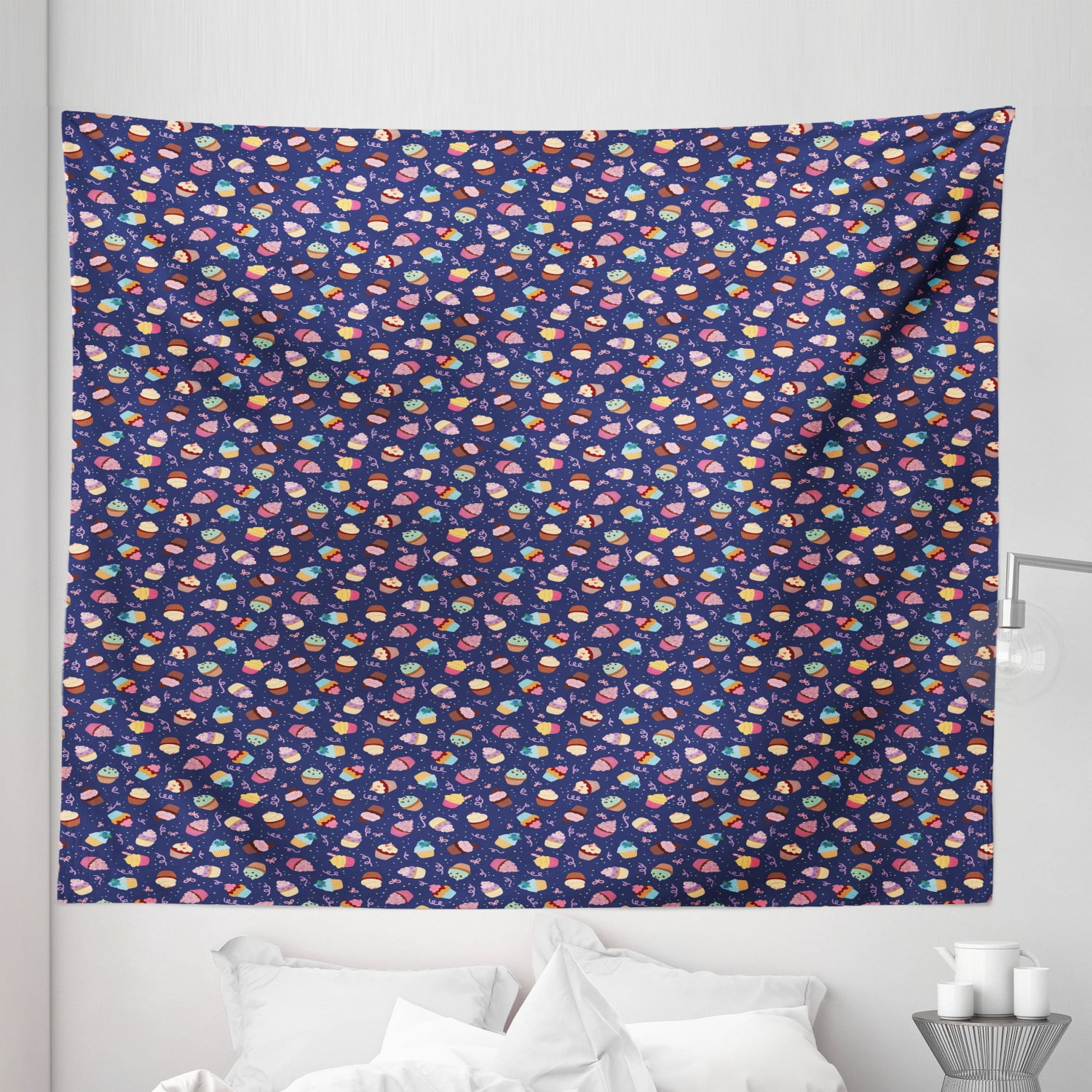 Dessert Tapestry, Rain Pattern with Colorful Frosted Cupcakes and Bows ...