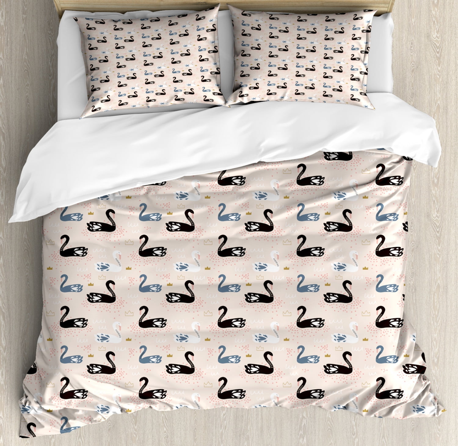 Swans Duvet Cover Set Queen Size, Colorful Aquatic Birds with a Crown ...