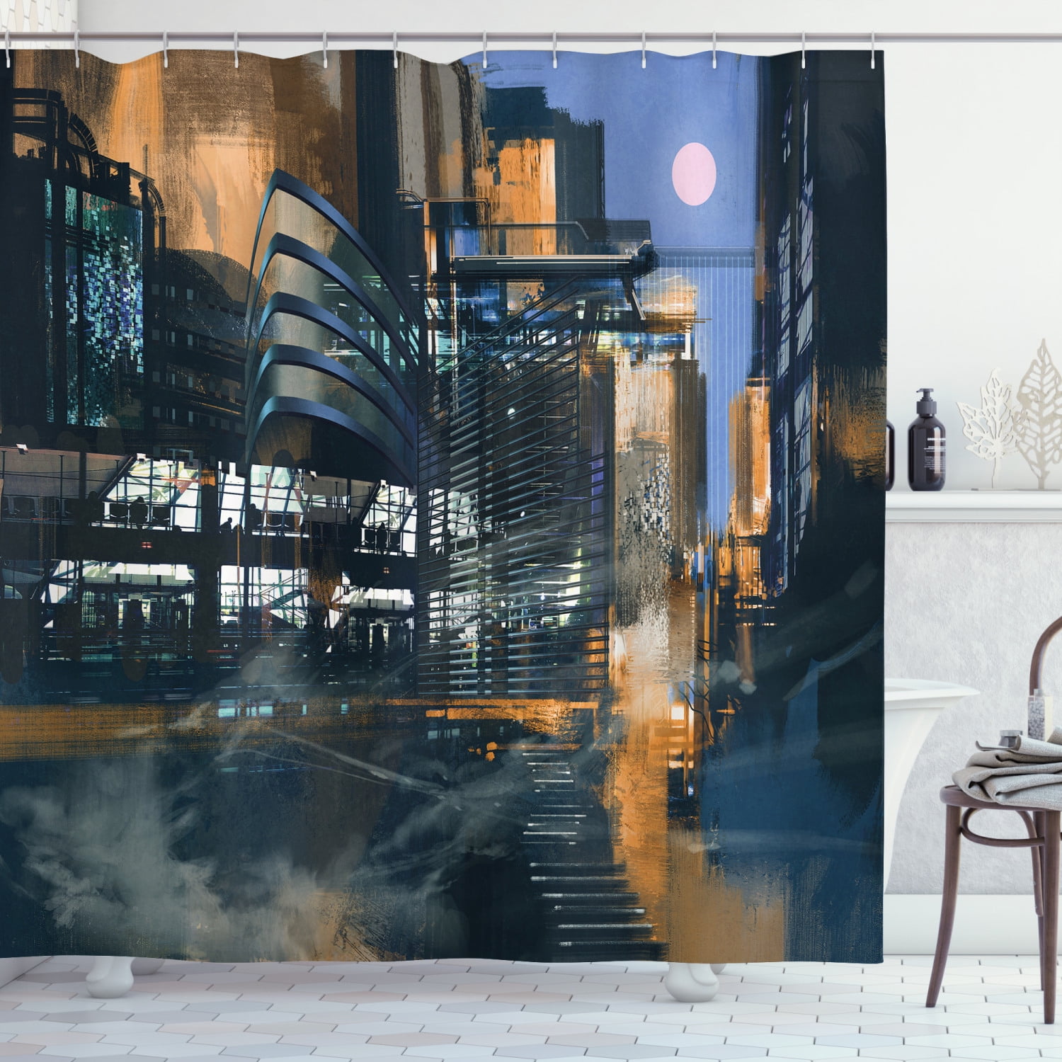 Ambesonne Futuristic Shower Curtain, Cyberpunk Cityscape, 69"Wx70"L ...