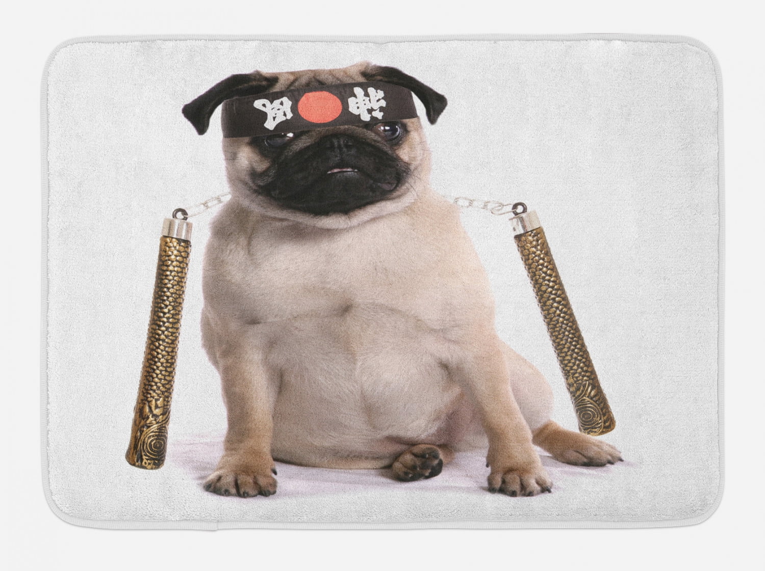 Pug Bath Mat, Ninja Puppy with Nunchuk Karate Dog Eastern Warrior ...