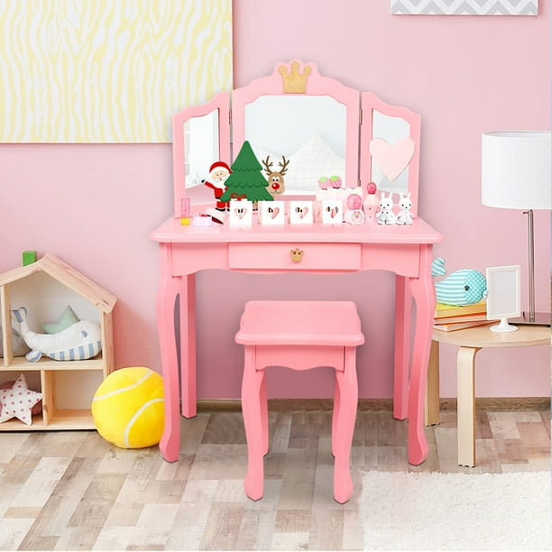 SESSLIFE Kids Princess Vanity Table and Chair Set, Kids Vanity Set with ...