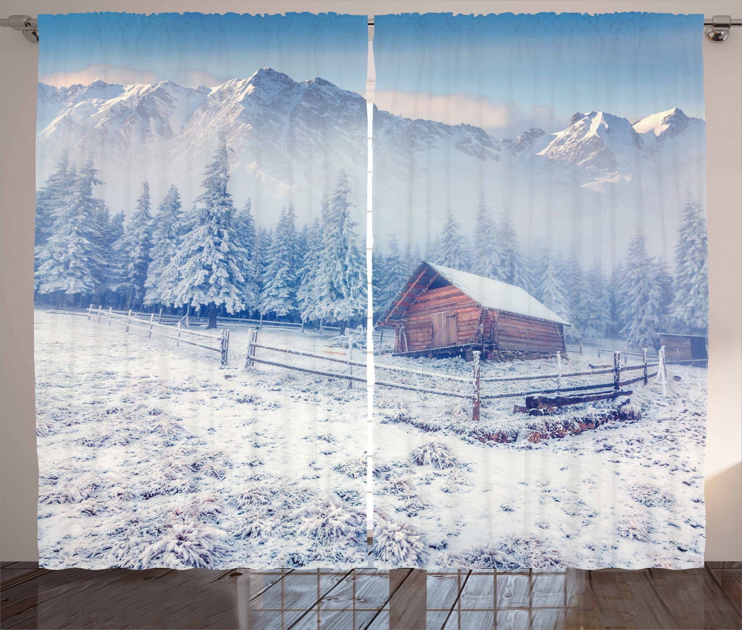Winter Curtains 2 Panels Set, Old Farmhouse in Snow Mountains and ...