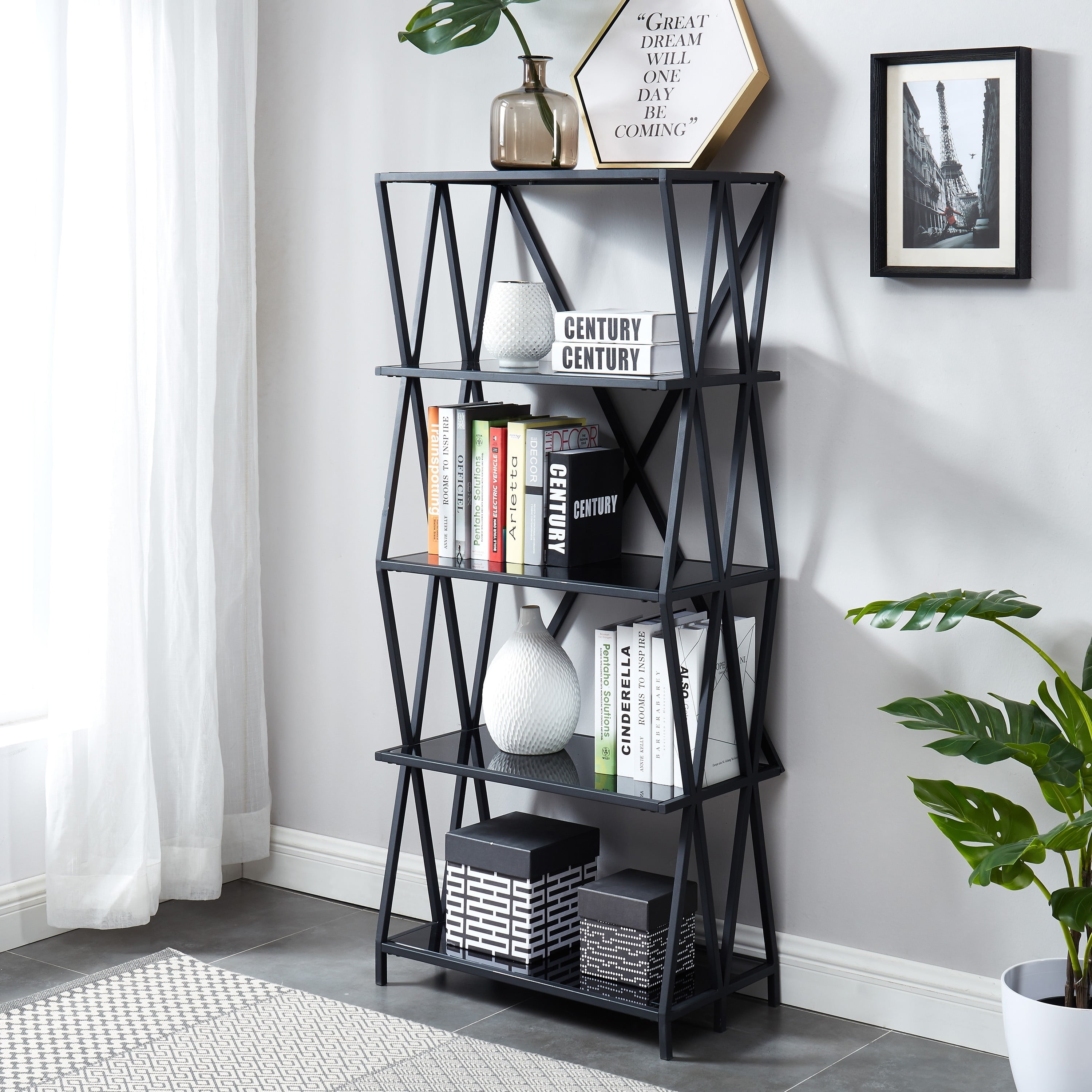 Furniture of America Albaric Modern Black Metal Display Bookcase by 5 ...