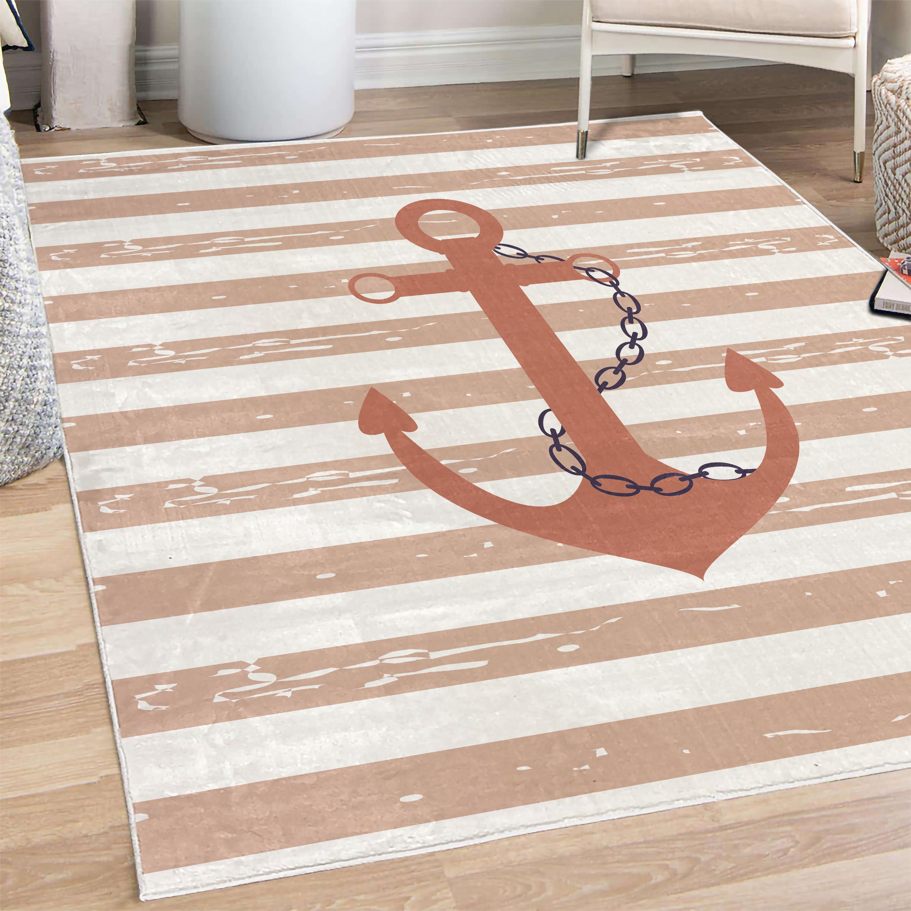 Striped Decorative Rug, Ship Anchor Chain Marine Life Inspired Lines ...