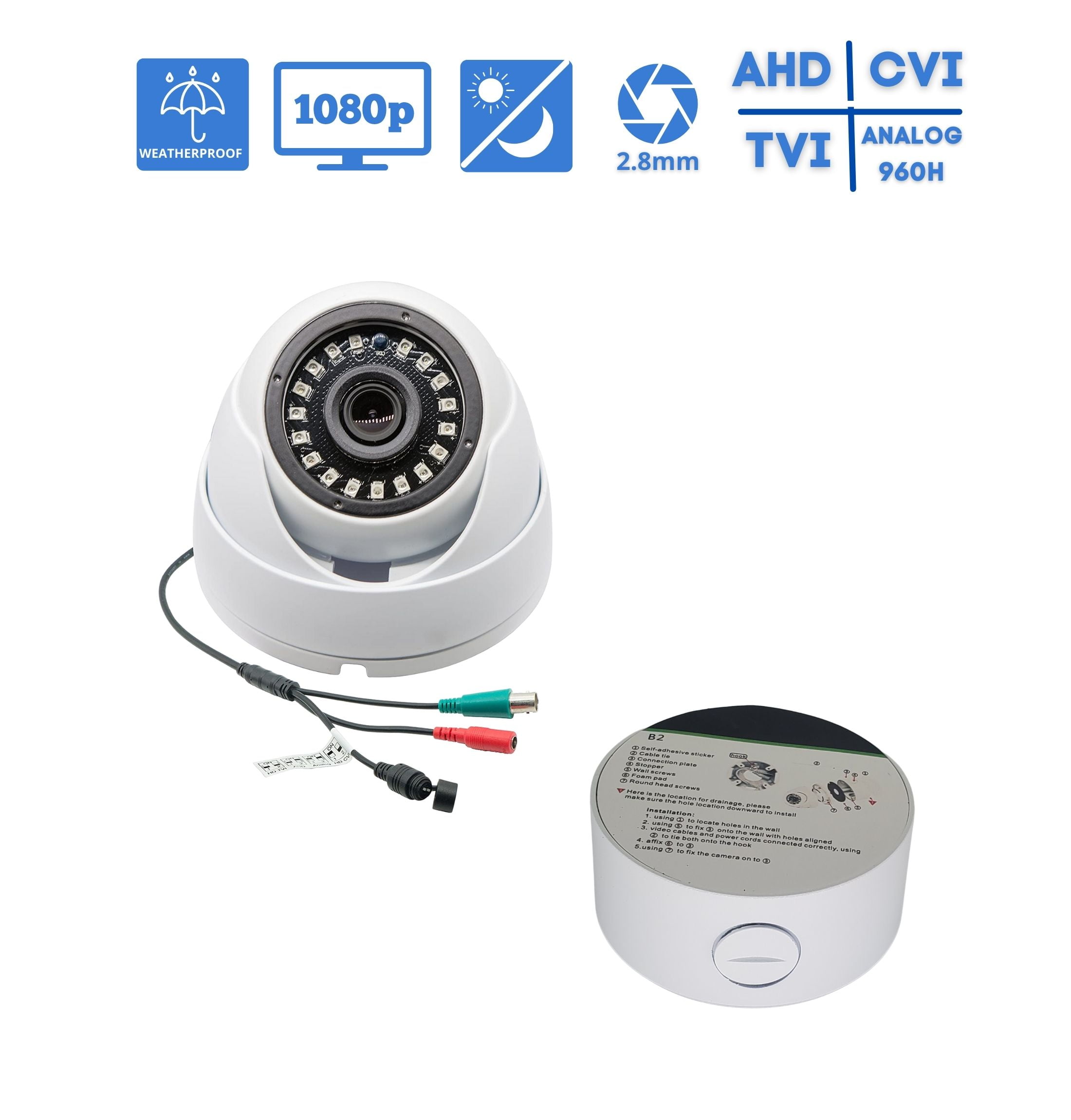 Evertech Indoor Outdoor Weatherproof Wide Angle 2.8mm Lens 2MP Dome ...