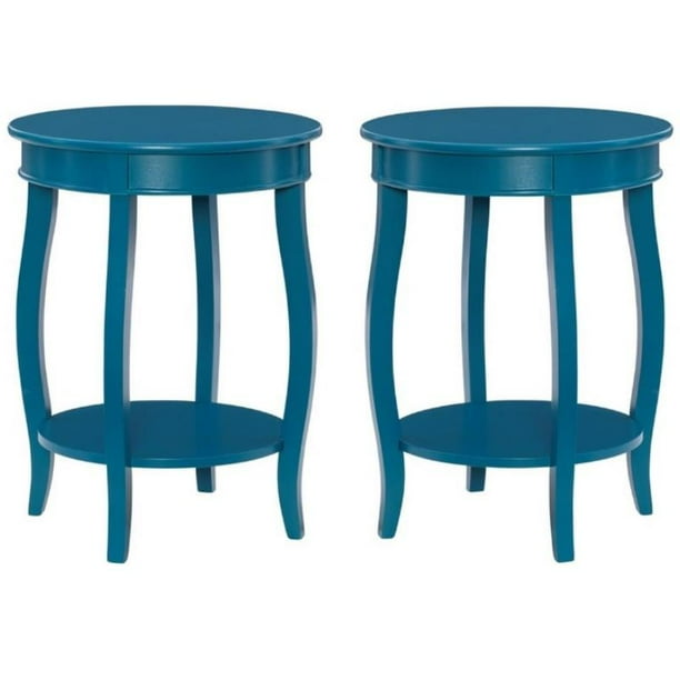 Home Square Round Wood End Table with Shelf in Teal Blue - Set of 2 ...