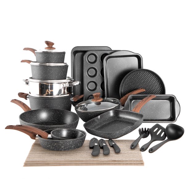 MF Studio 30 Pieces Cookware & Bakeware Set Granite Nonstick Pots and ...