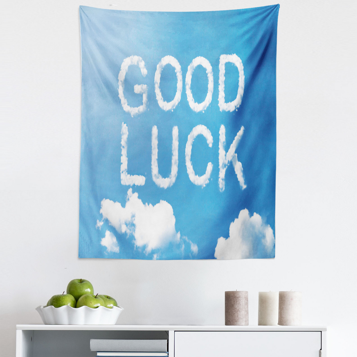 Party Tapestry, Luck Message on Sky with White Clouds Wishful Thinking ...