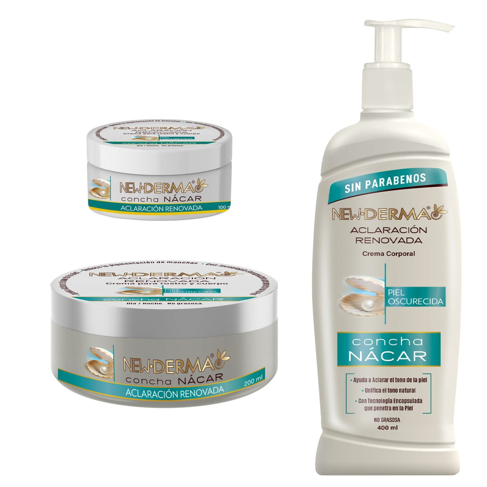 NEW DERMA CREMA CORPORAL CONCHA NACAR 100 + 200 + 400 ML - 3 PZ ...