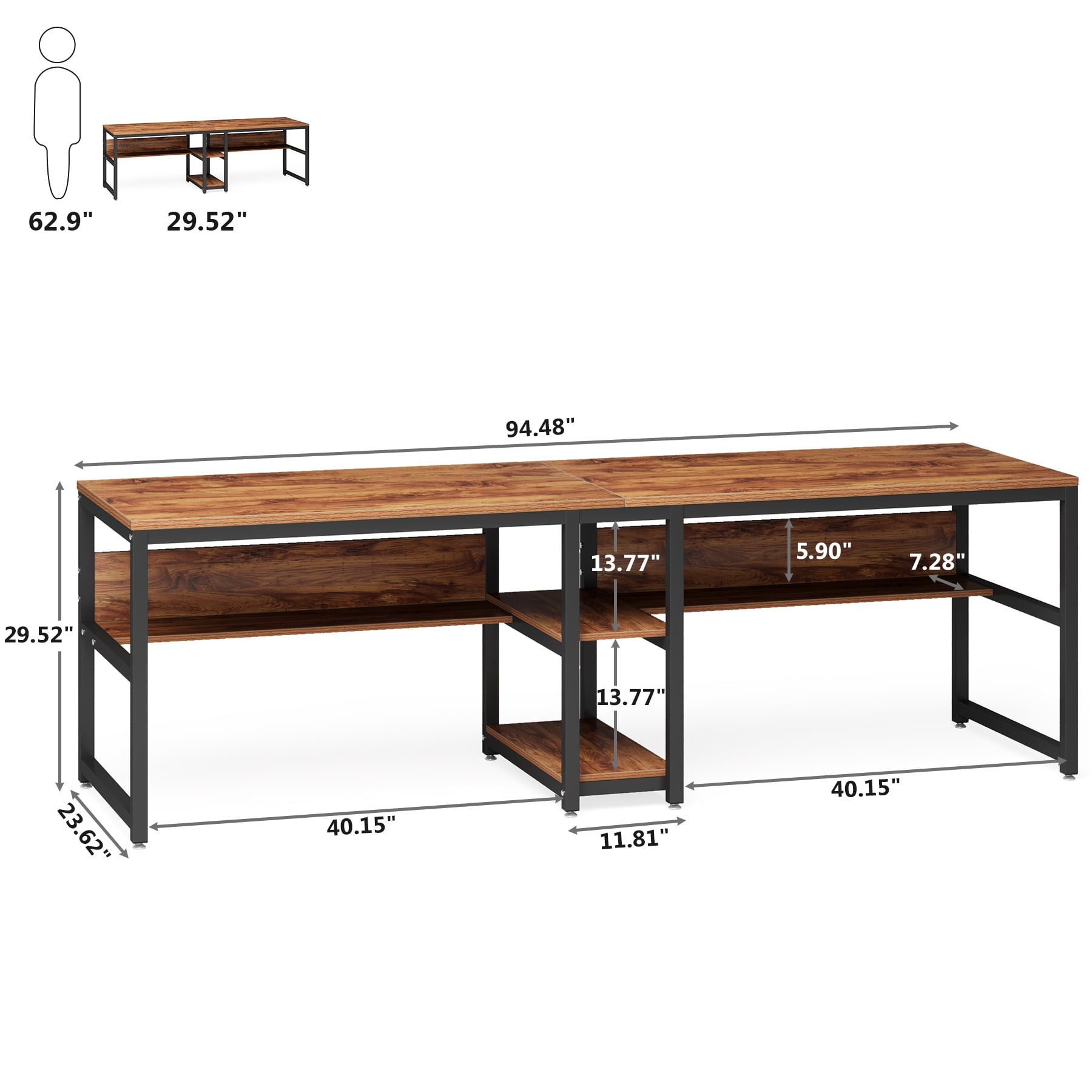 TribeSigns Rustic Two Person Computer Office Desk with Shelves, 78.7 ...