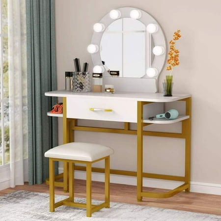 Vanity Table Set with Lighted Mirror & Stool, Makeup Vanity Dressing ...