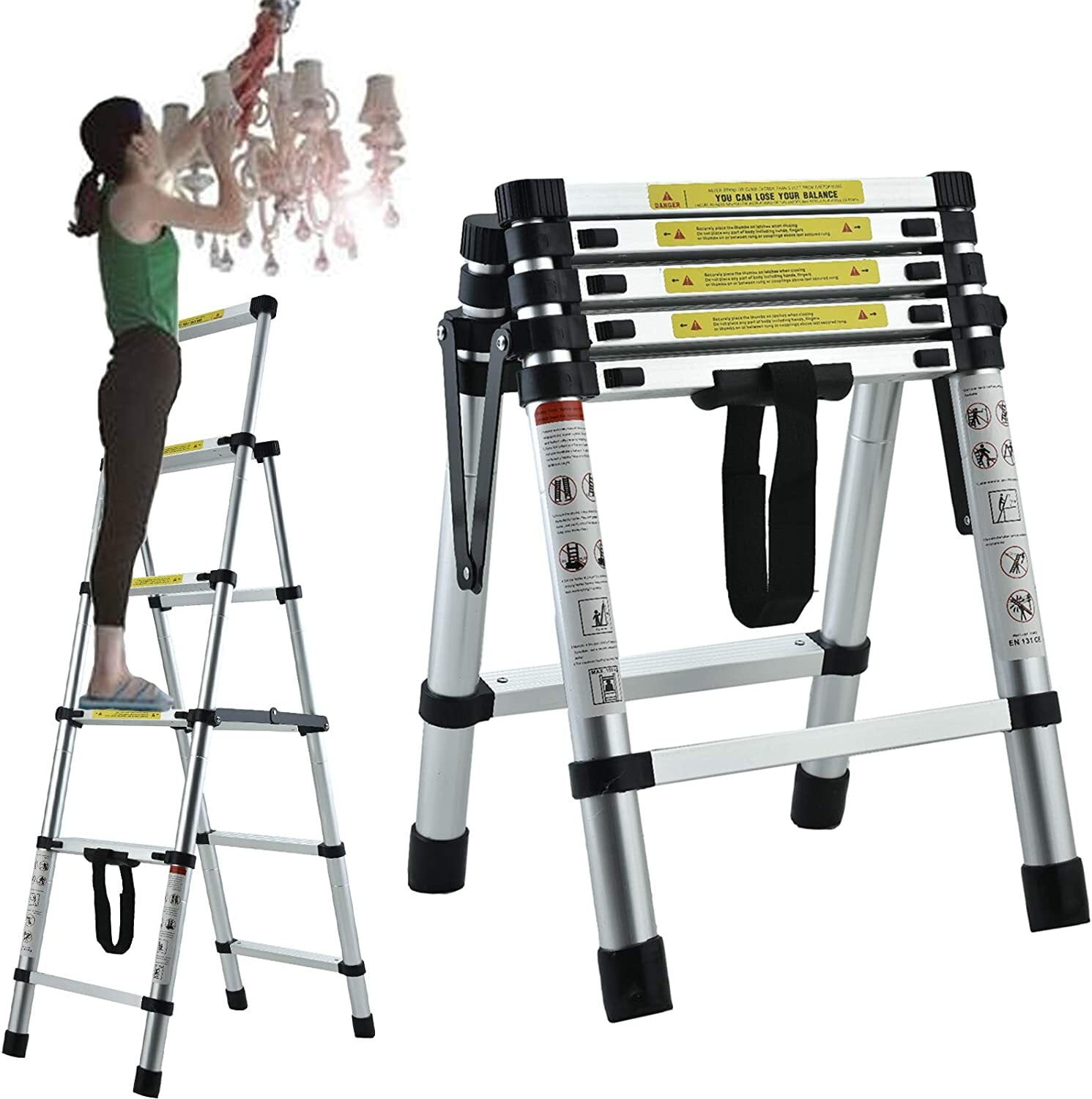 Dayplus 4.5FT A-Frame Aluminum Telescoping Ladder 4+5 Step Ladder ...