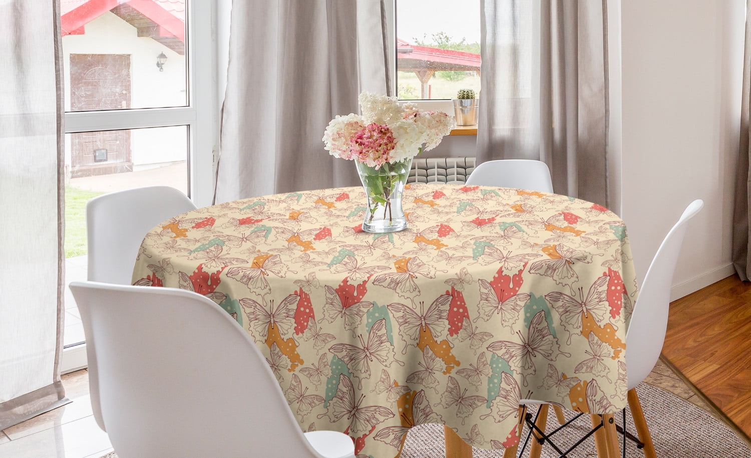Butterfly Round Tablecloth, Moth Insect Design on Paintbrush Polka Dots ...
