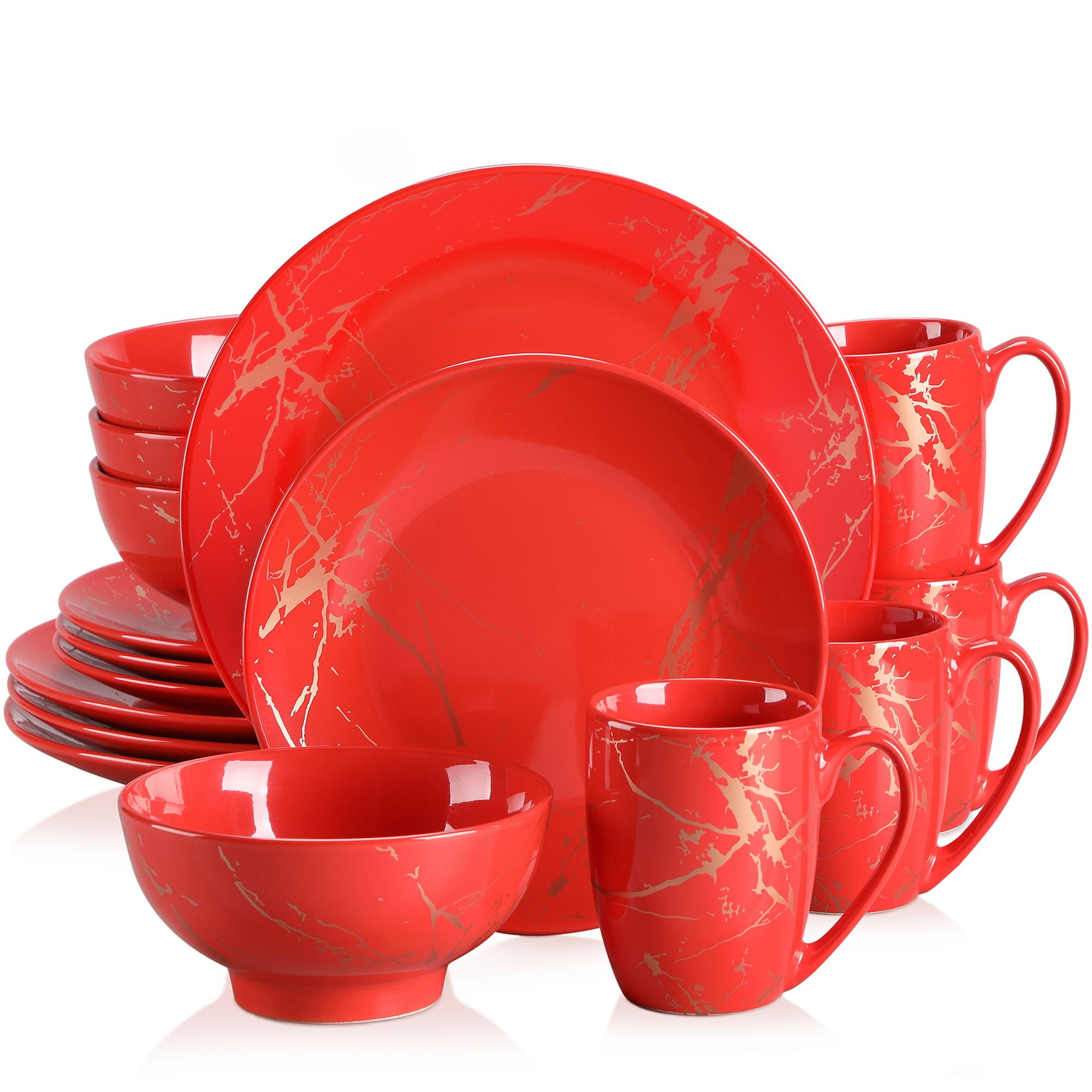 LOVECASA, 16-Piece Porcelain Dinnerware Sets, Red Dinner Set, for 4 ...