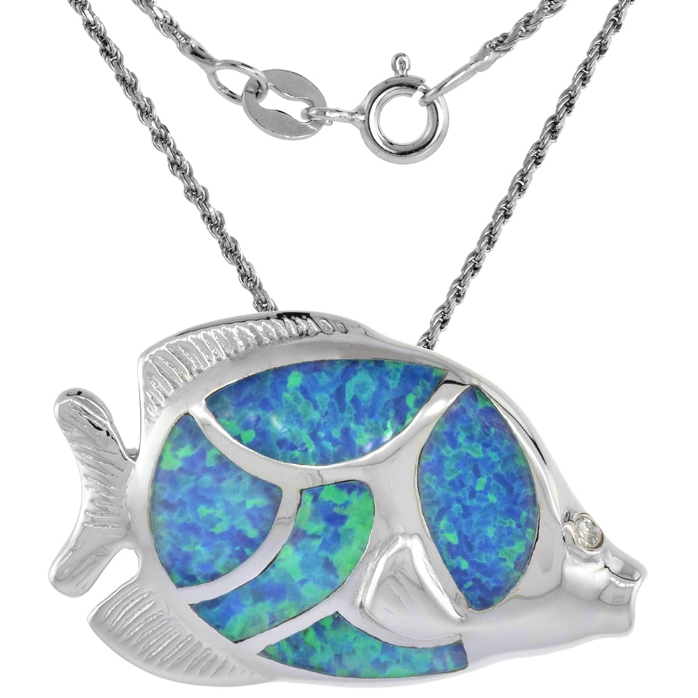 Sterling Silver Synthetic Opal Tropical Fish Necklace for Women with CZ ...