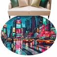 City Night View Round Rug 5Ft Modern Neon Building Traffic Lights ...
