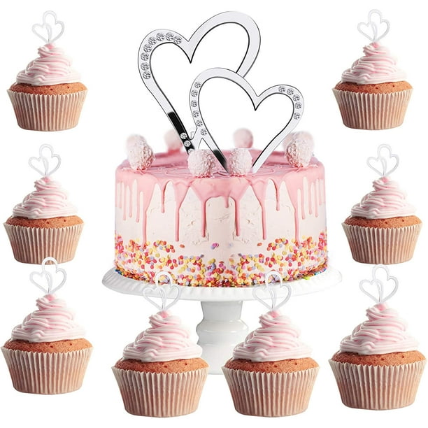 13 Pieces Silver Hearts Wedding Cake Topper Cupcake Topper Double ...