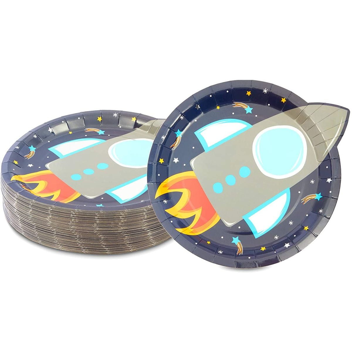 48-Pack Rocket Ship Paper Plates for Kids Outer Space Birthday Party ...