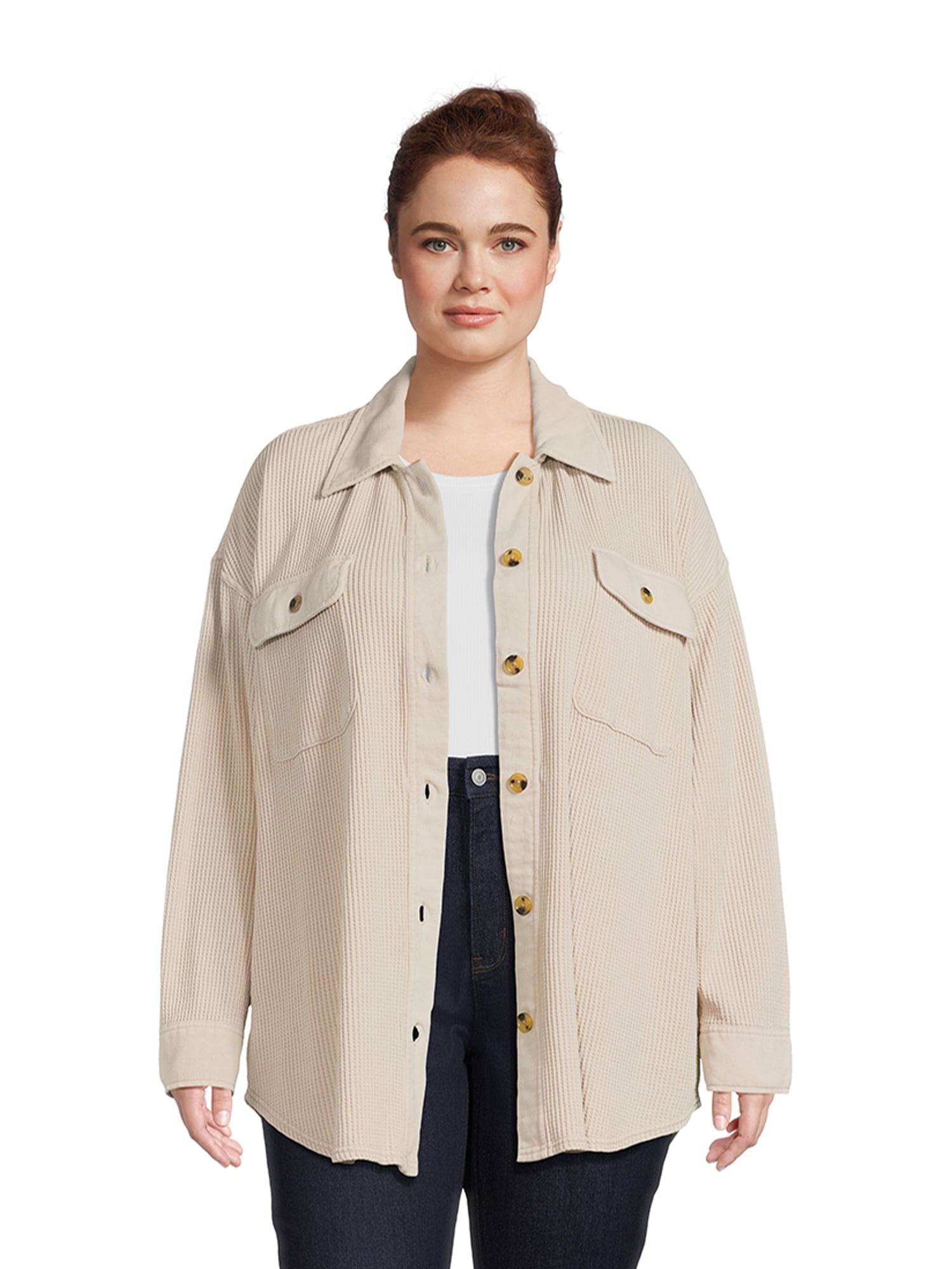 Terra & Sky Women's Plus Size Button Down Waffle Knit Shacket - Walmart.com