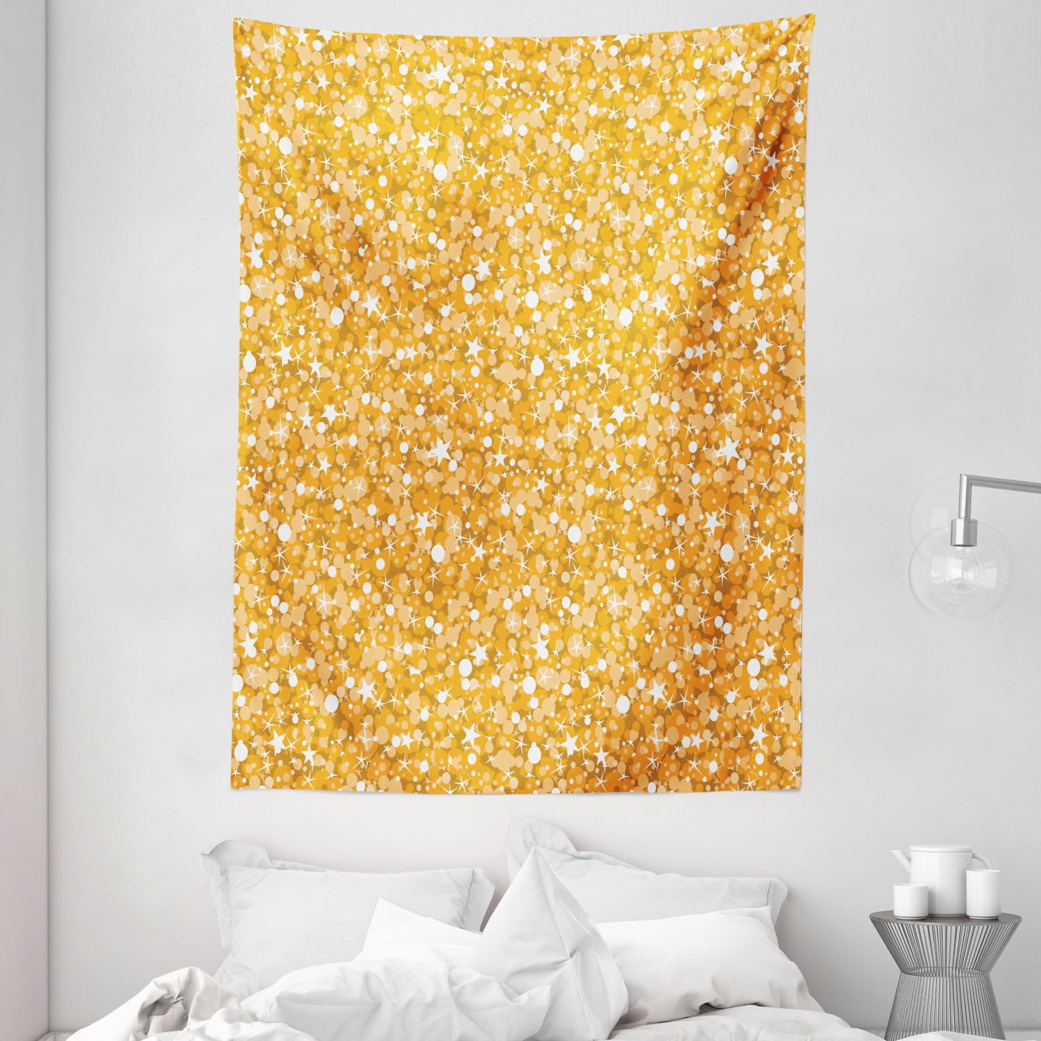 Yellow Tapestry, Golden Yellow Texture with Retro Polka Dots and Stars ...