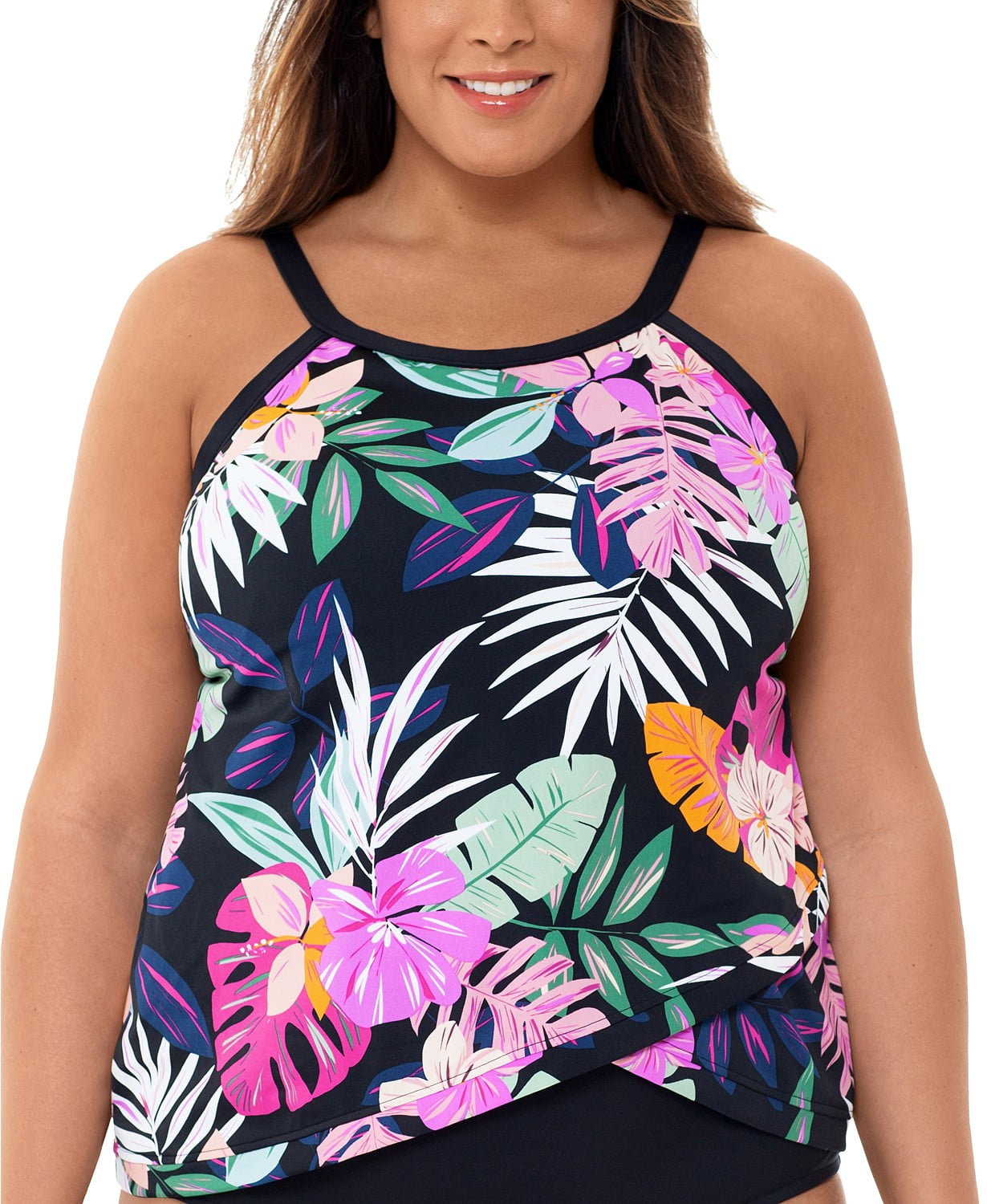 Swim Solutions Black Deco Floral Plus Size Printed Underwire Tankini