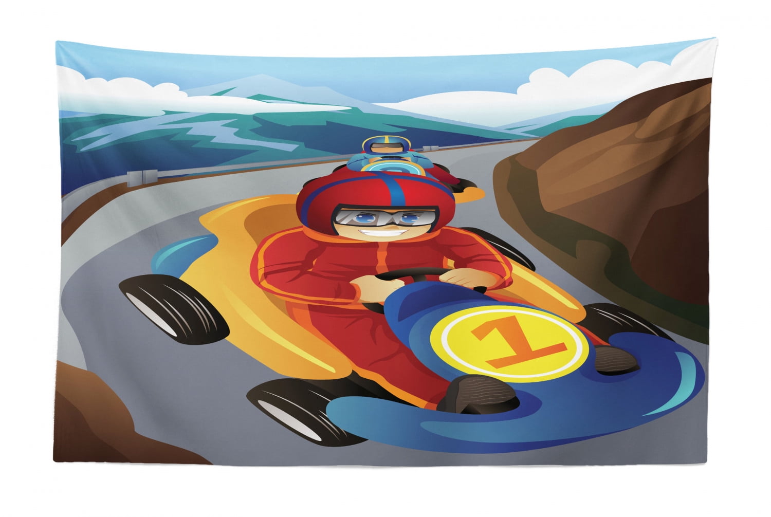 Race Car Tapestry, Racing Cursive Calligraphy with Flags in Checkered ...