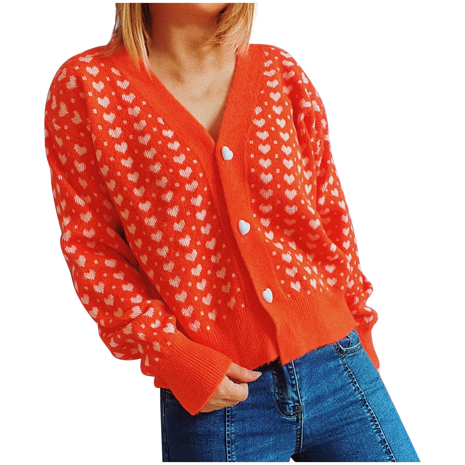jsaierl Women's Button Down V Neck Crop Tops Heart Print Knit Cardigan ...