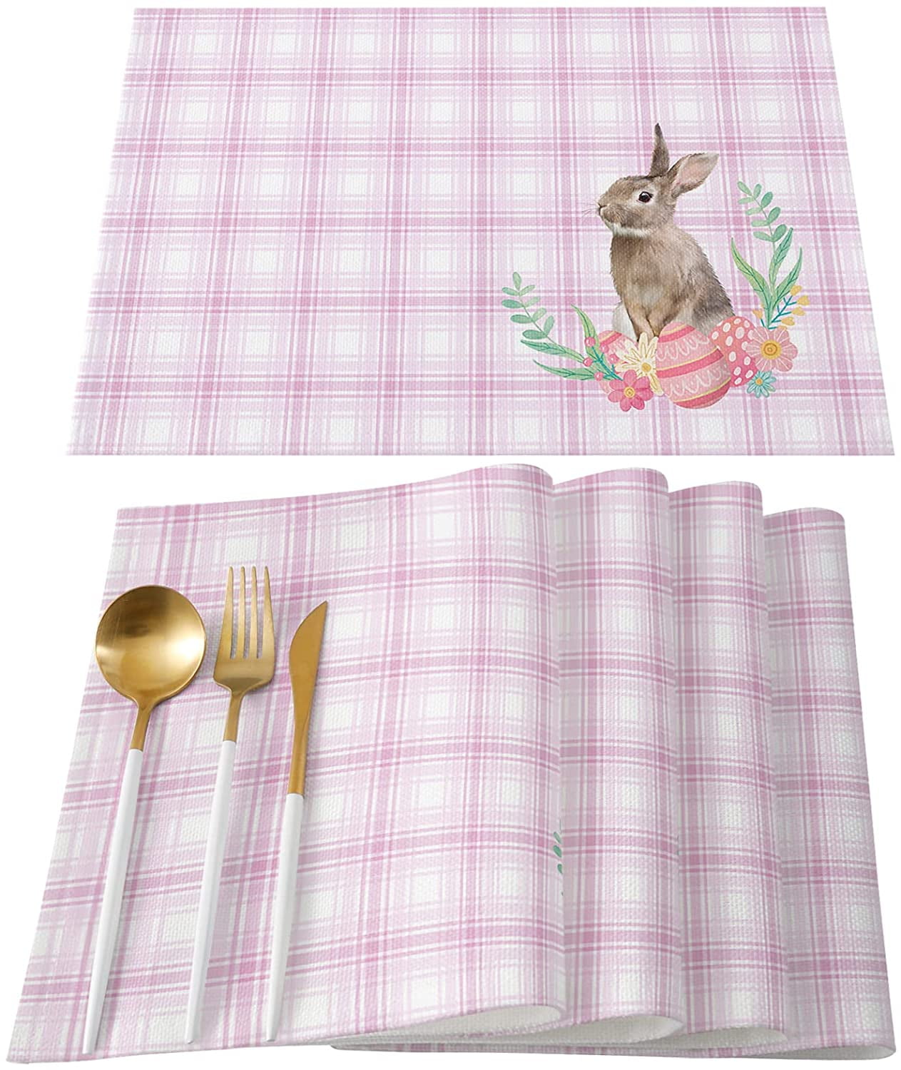 SPXUBZ Placemats, Pink Plaid Cute Rabbit 18x12 Inch Placemats for ...