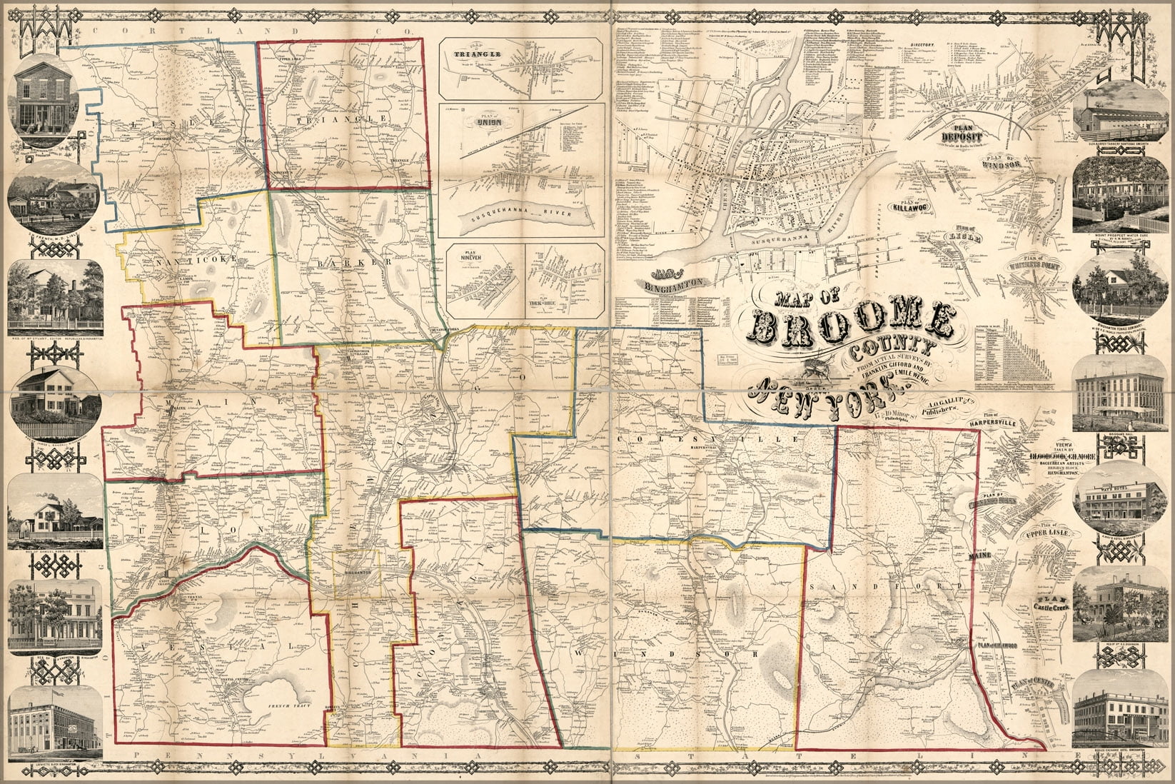 24"x36" Gallery Poster, Map of Broome County, New York 1855 - Walmart.com