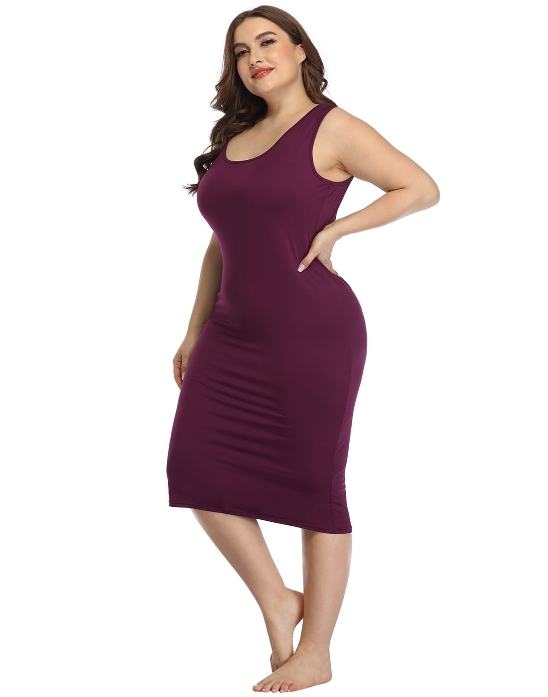 Hde Plus Size Bodycon Midi Dress Casual Fitted Jersey Tank Everyday Sundress Burgundy