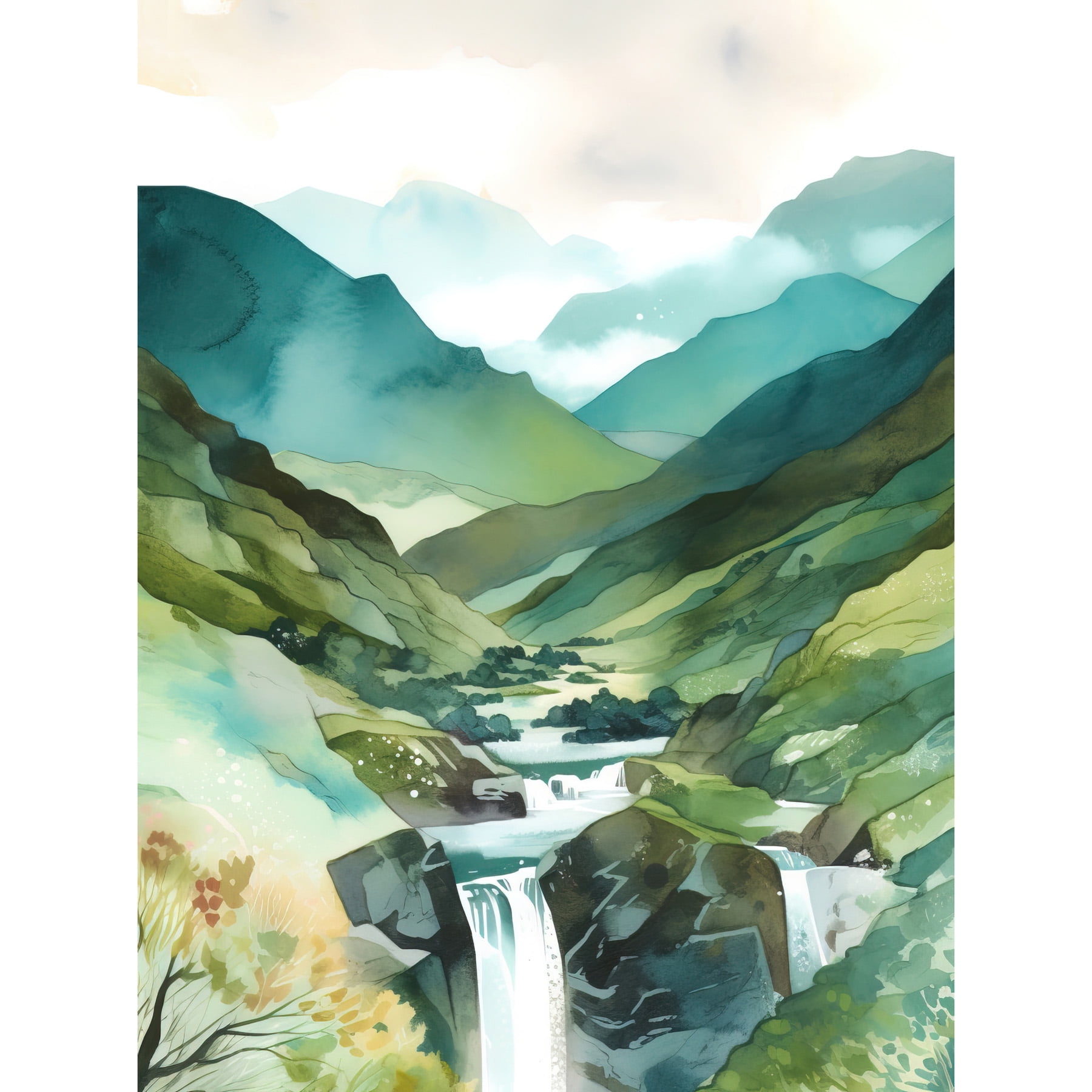 River Cascades Waterfall in Misty Landscape Modern Watercolour Painting ...