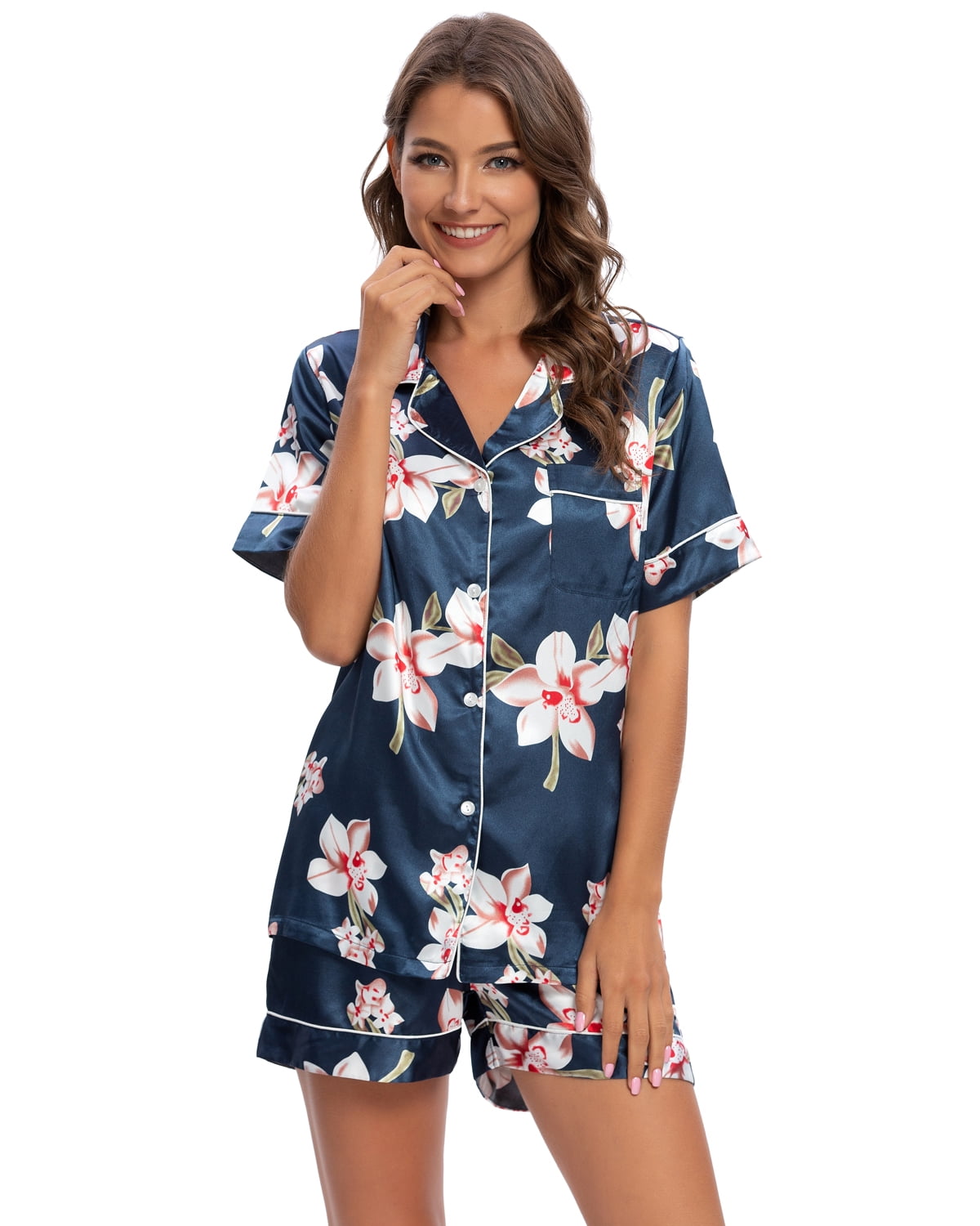 Mintlimit Womens Stain Silky Pajamas Set Button Down Floral Short