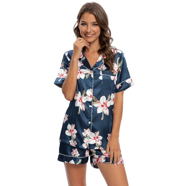 Mintlimit Womens Stain Silky Pajamas Set Button Down Floral Short