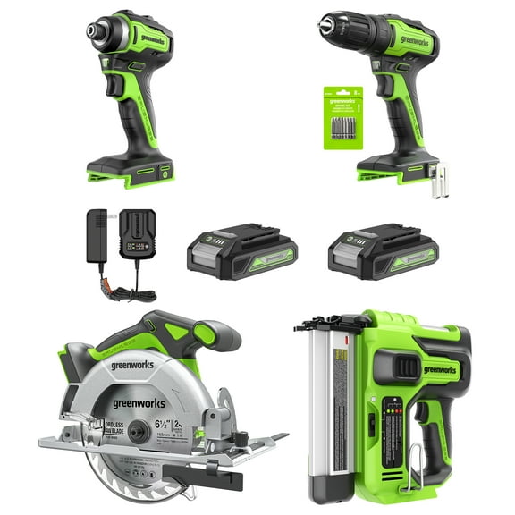 Greenworks 24V Carpentry Tool, Brushless Drill Driver Combo Kit + Two ...