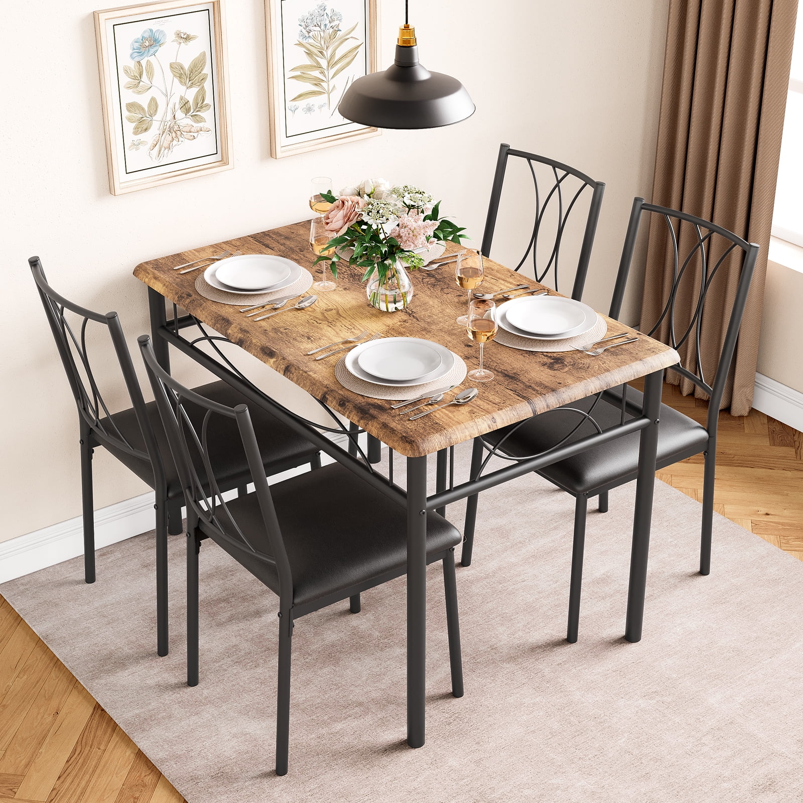 Yesfashion 5 Piece Kitchen Table Set, Metal and Wood Rectangular Dining ...