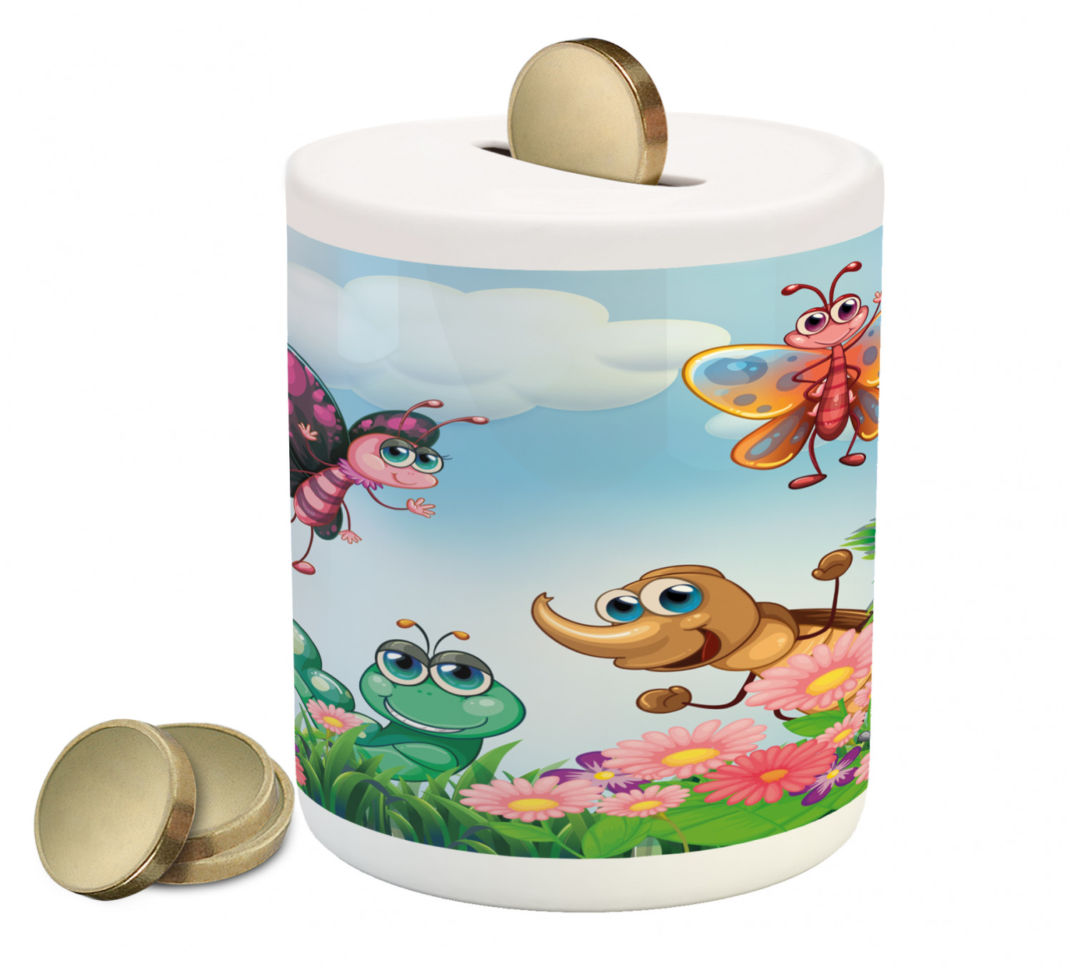 Garden Piggy Bank, Gardening Theme Illustration of Butterfly Ladybug ...